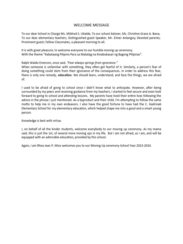 Welcome Message Kindergarten | PDF