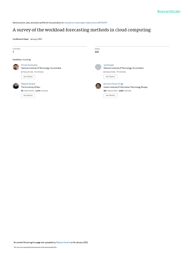 A Survey and Classification of The Workload Forecasting Methods in Cloud Computing | PDF | Cloud ...