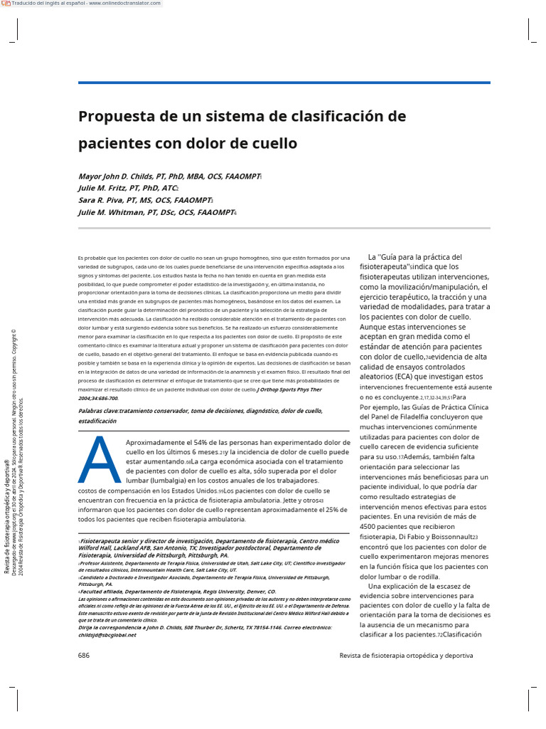 Childs Et Al 2004 Proposal of A Classification System For Patients With ...