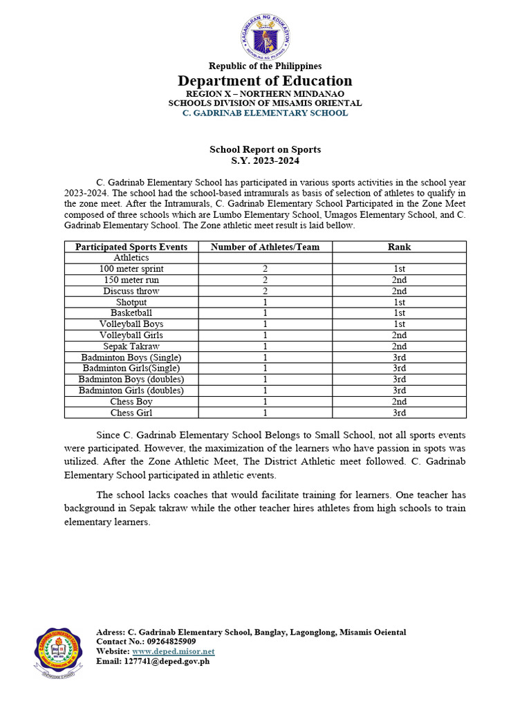 School Report On Sports | PDF | Sports | Athletic Sports