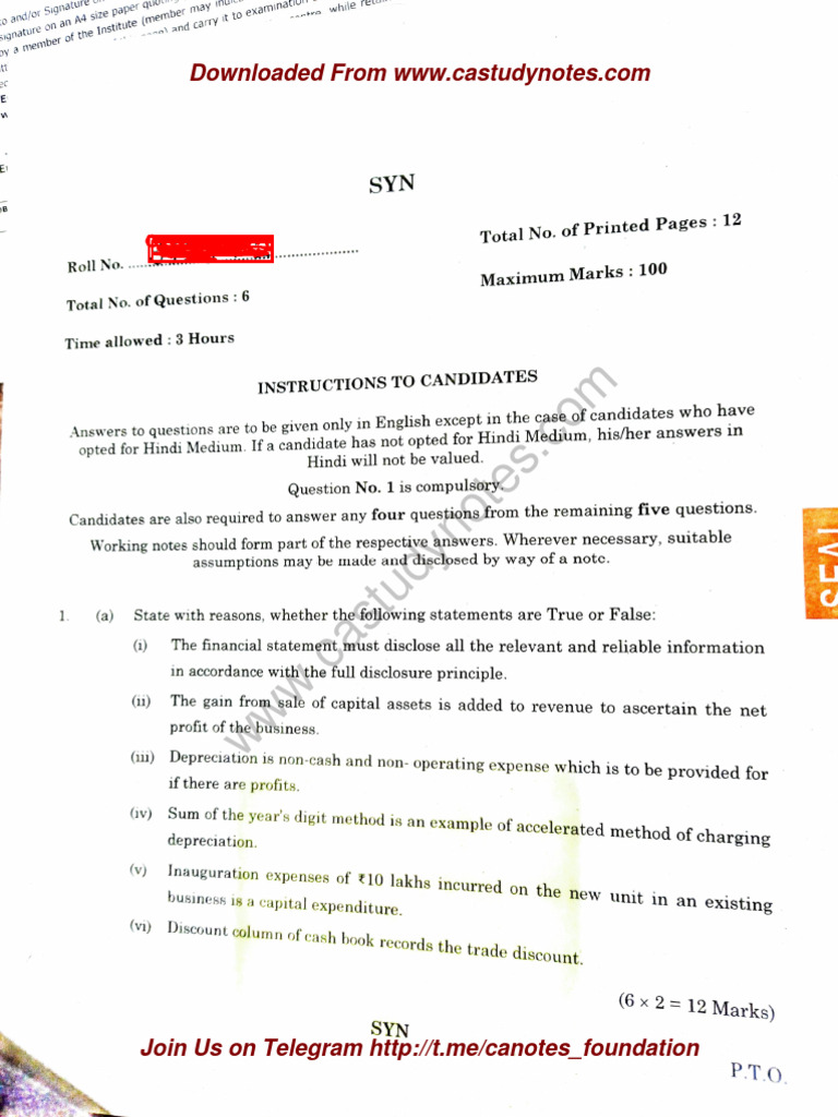 CA Foundation Accounts Question Paper Dec 2023 | PDF | Expense | Cheque