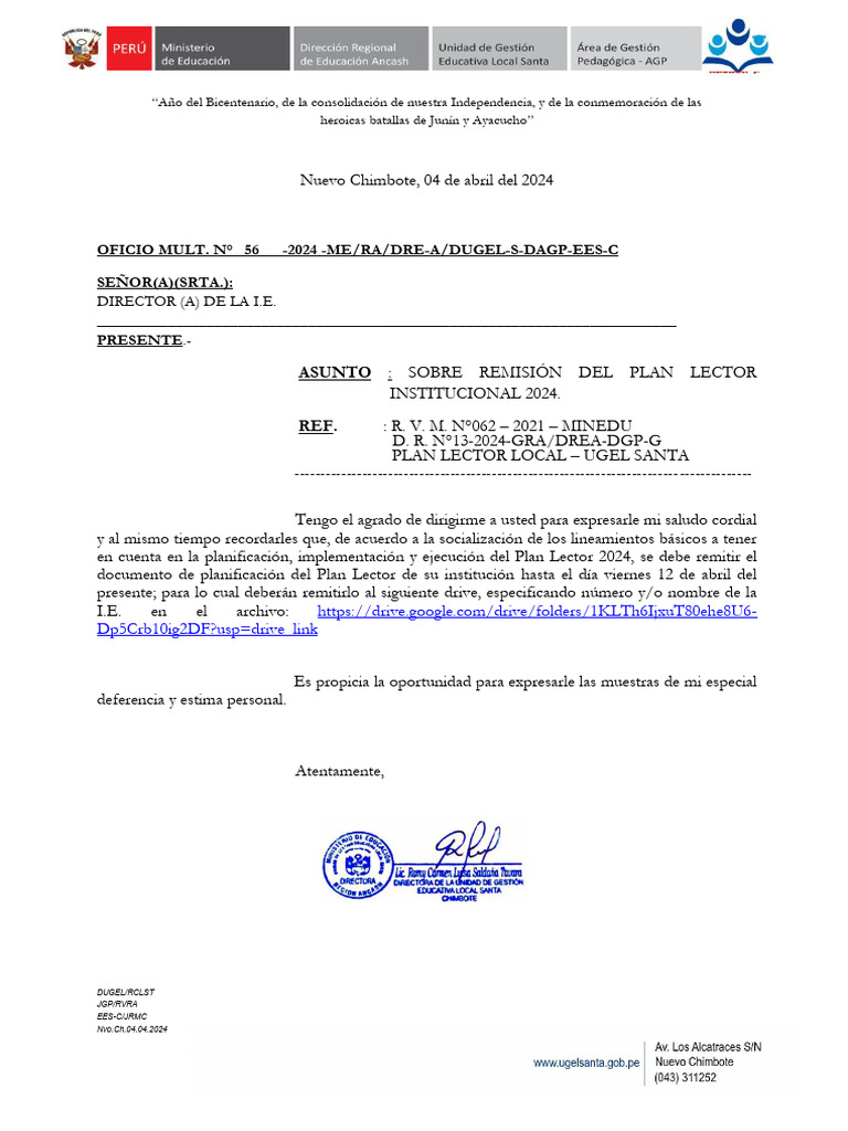 OFICIO MULT.N° 56-2024-AGP PLAN LECTOR RECORDAR ENTREGA (1) (2) | PDF