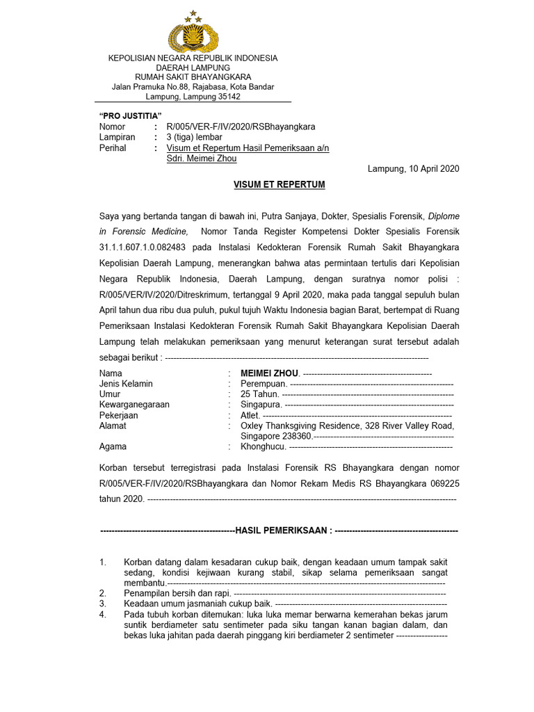 Hasil Visum Et Repertum Meimei Zhou | PDF