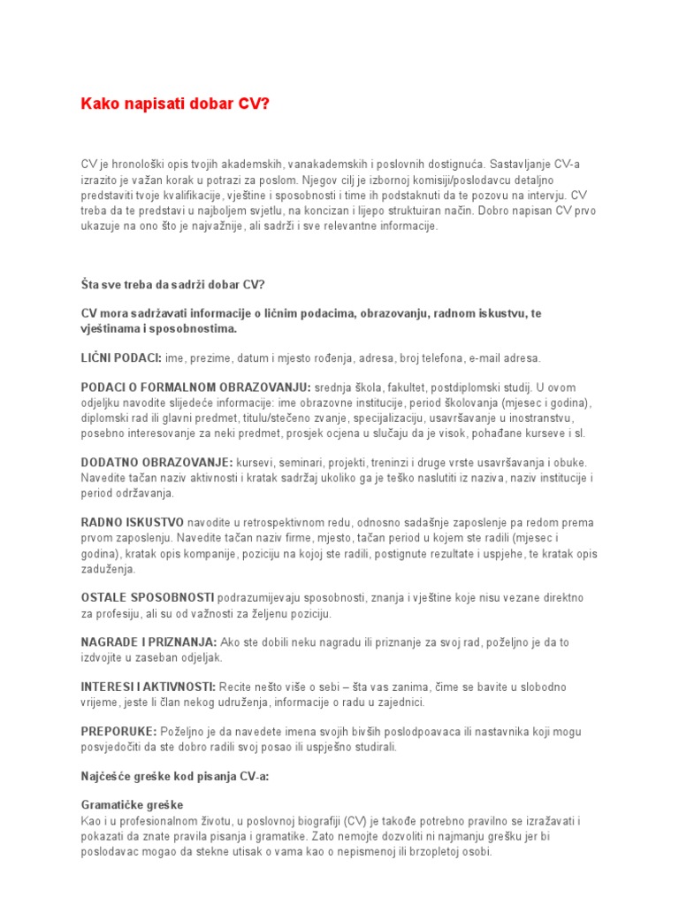 Kako Napisati Dobar CV | PDF