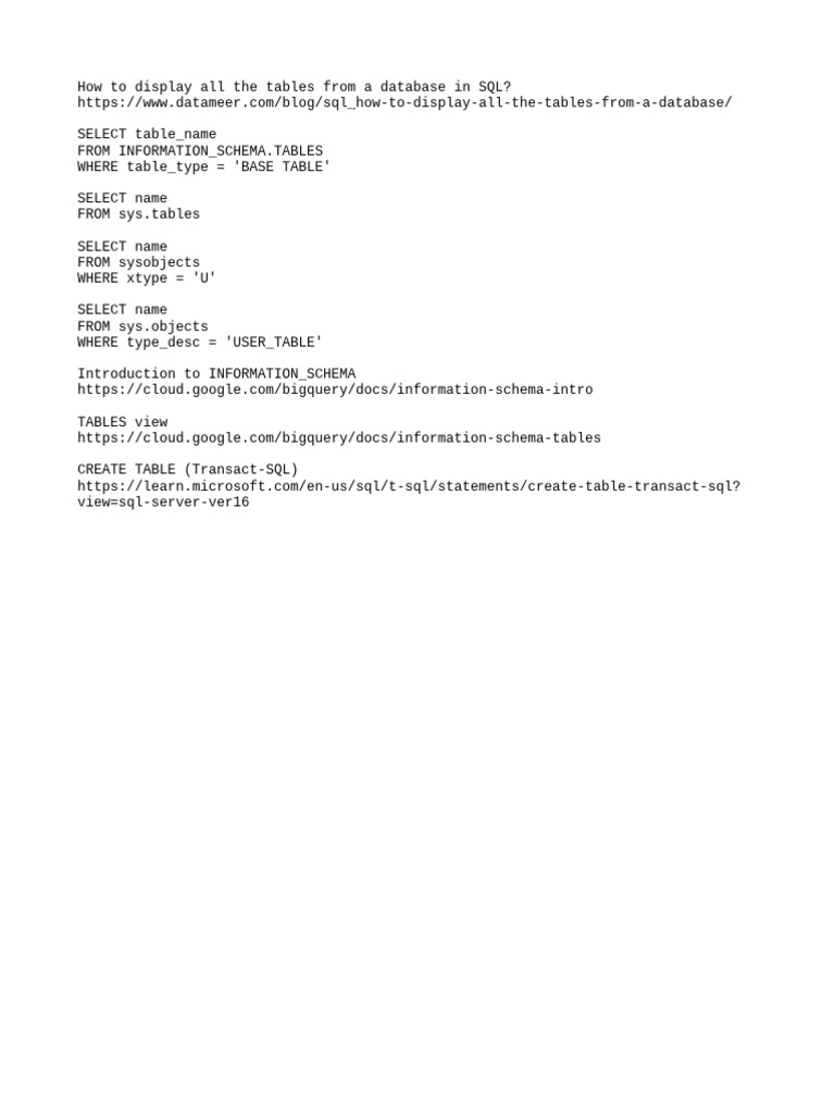 Codigo SQL para Enlistar Tablas | PDF | Computers