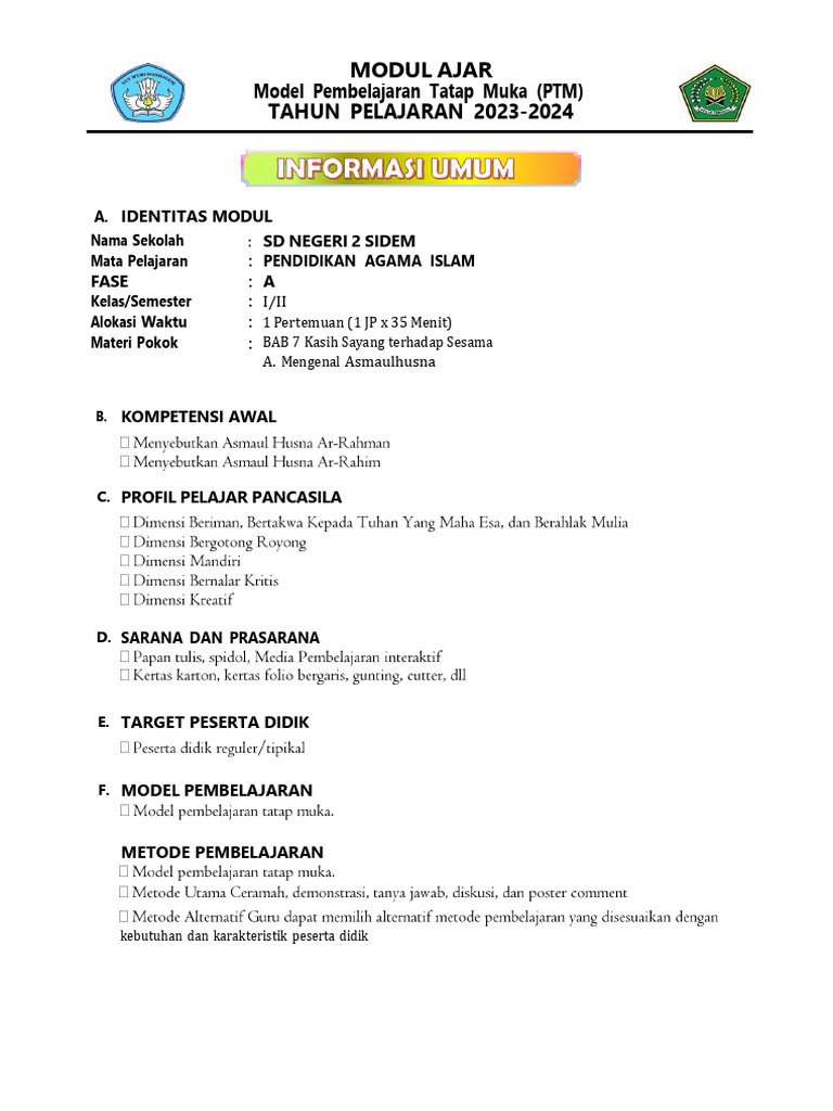 Modul Ajar 7 Pai Kelas 1 Fase A Ikm Pai SMT 2 - 2024 | PDF
