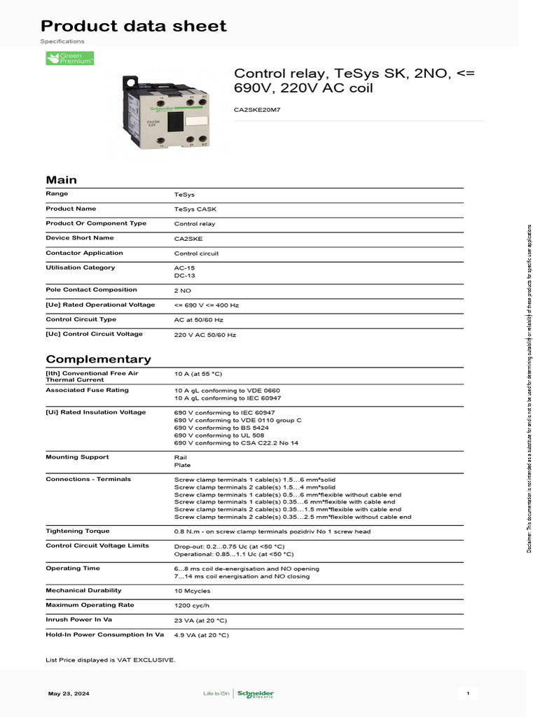 Schneider Electric - TeSys-Control-Relays - CA2SKE20M7 | PDF | Relay ...