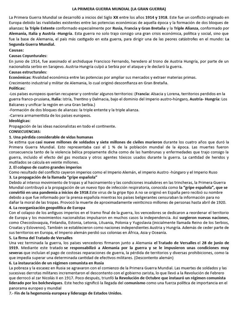 Causas y consecuencias de la Primera Guerra Mundial | PDF | Primera ...