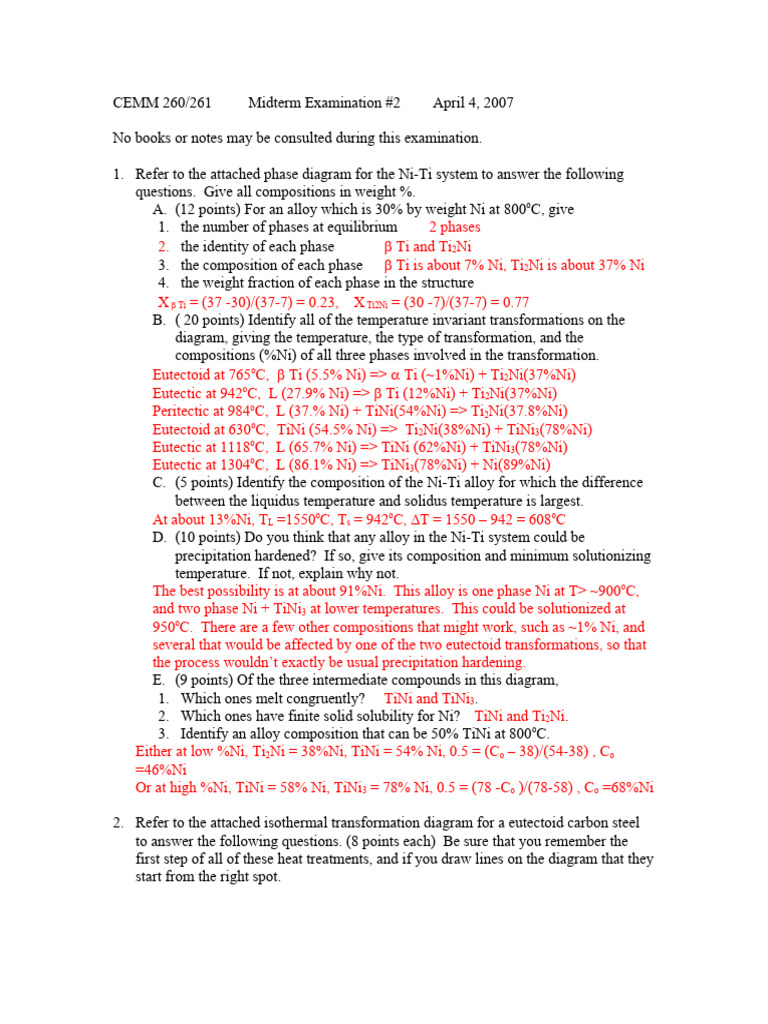 CME 260 Midterm Exam 2 2007 Solutions | PDF | Heat Treating | Metals