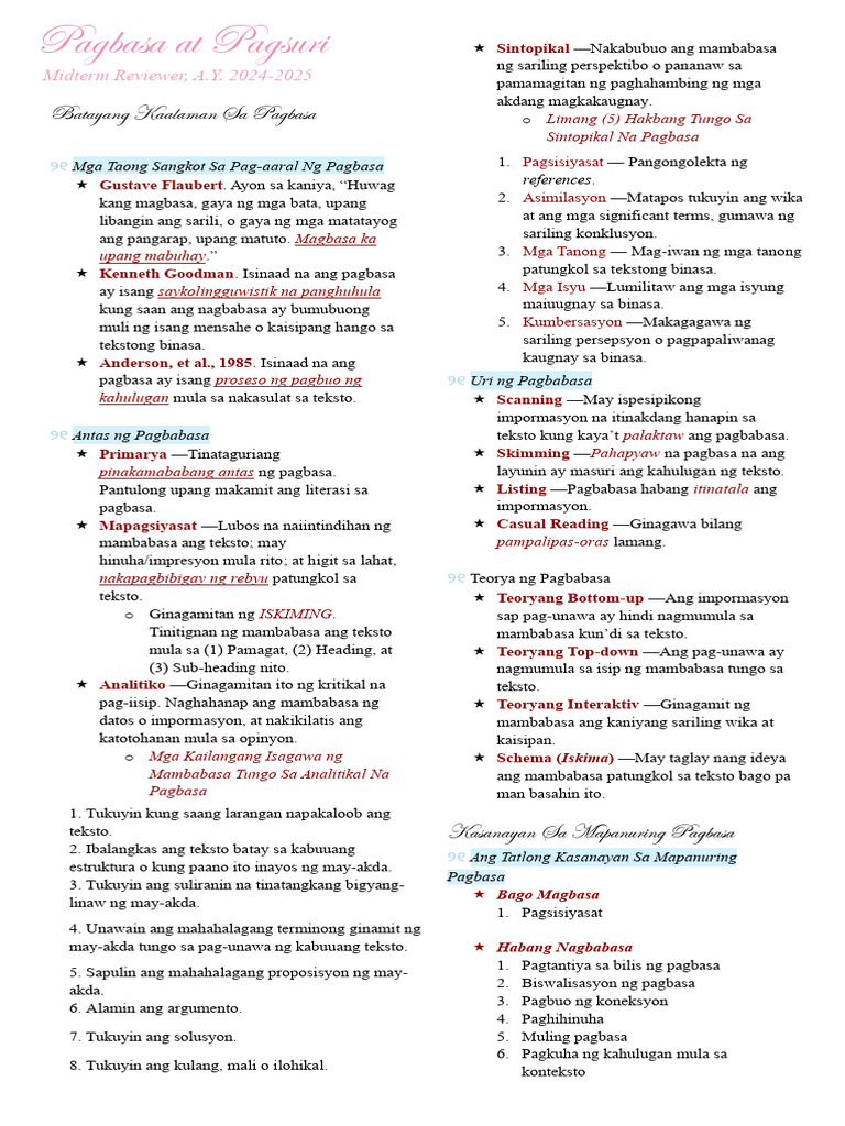 PAGBASA AT PAGSURI Midterm Reviewer | PDF