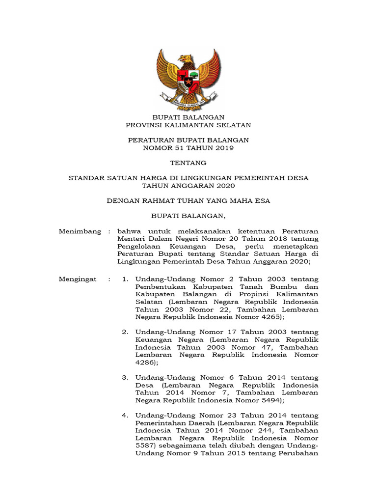 Perbup Nomor 51 Tahun 2019 Tentang Harga Satuan Desa | PDF