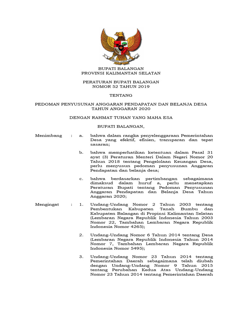 Perbup Nomor 52 Tahun 2019 Tentang Pedoman Penyusunan APBDes 2020 | PDF