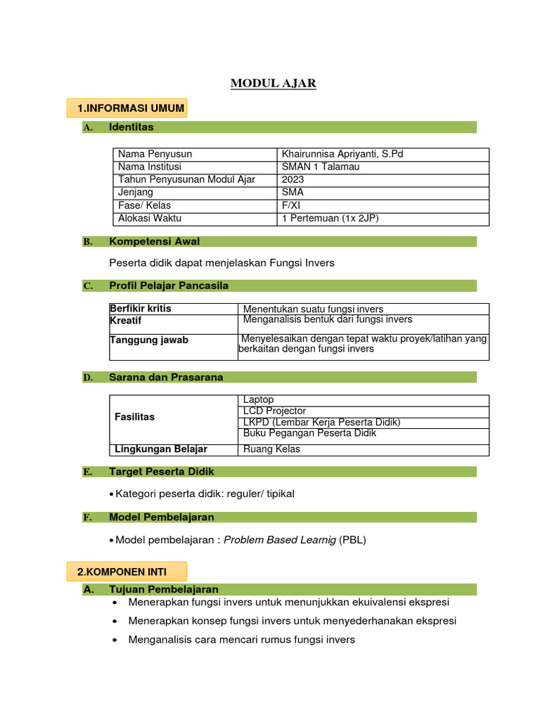 Modul Ajar Matematika Materi Invers Fungsi | PDF