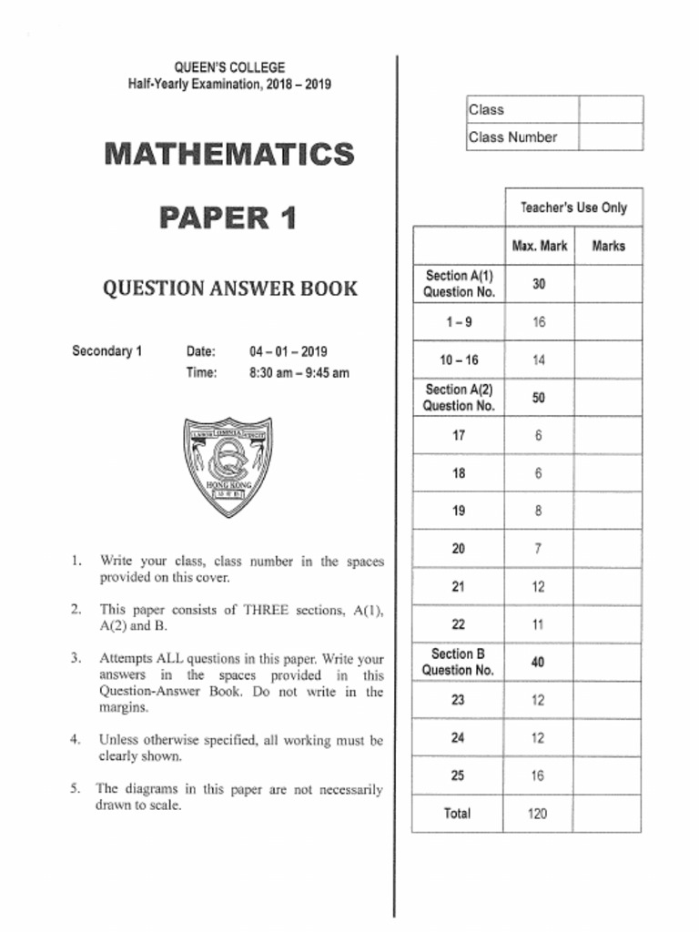 2018-19 - HYE - S1 - Math 1 - Q and Ans | PDF