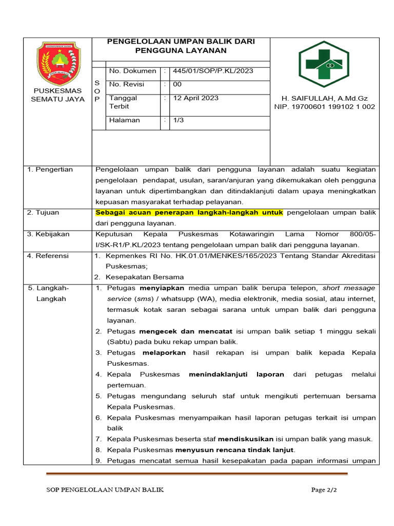 SOP Pengelolaan Umpan Balik Dar Pengguna Layanan | PDF | Teknologi & Rekayasa