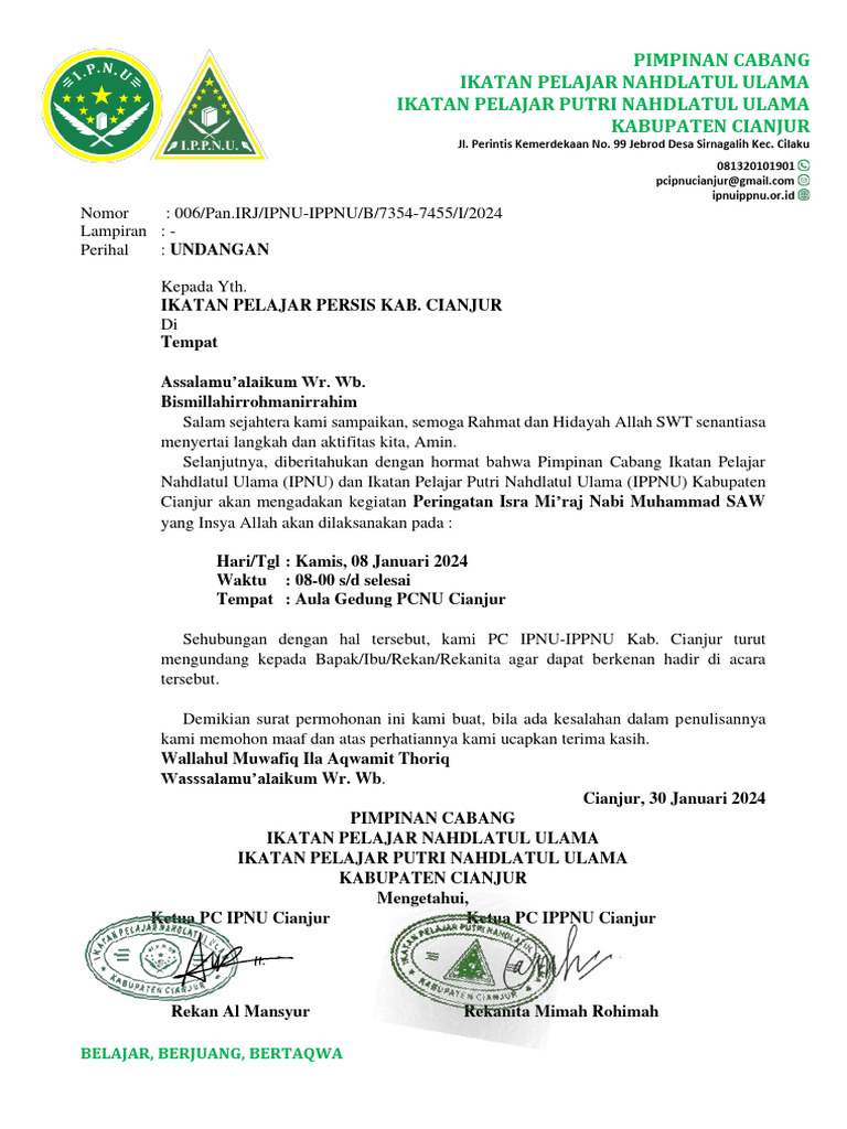 Surat Undangan Ikatan Pelajar Persis Kab. Cianjur | PDF
