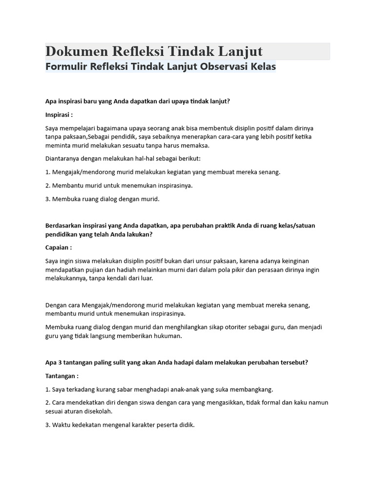 Refleksi Tindak Lanjut Observasi Kelas | PDF | Karier & Perkembangan