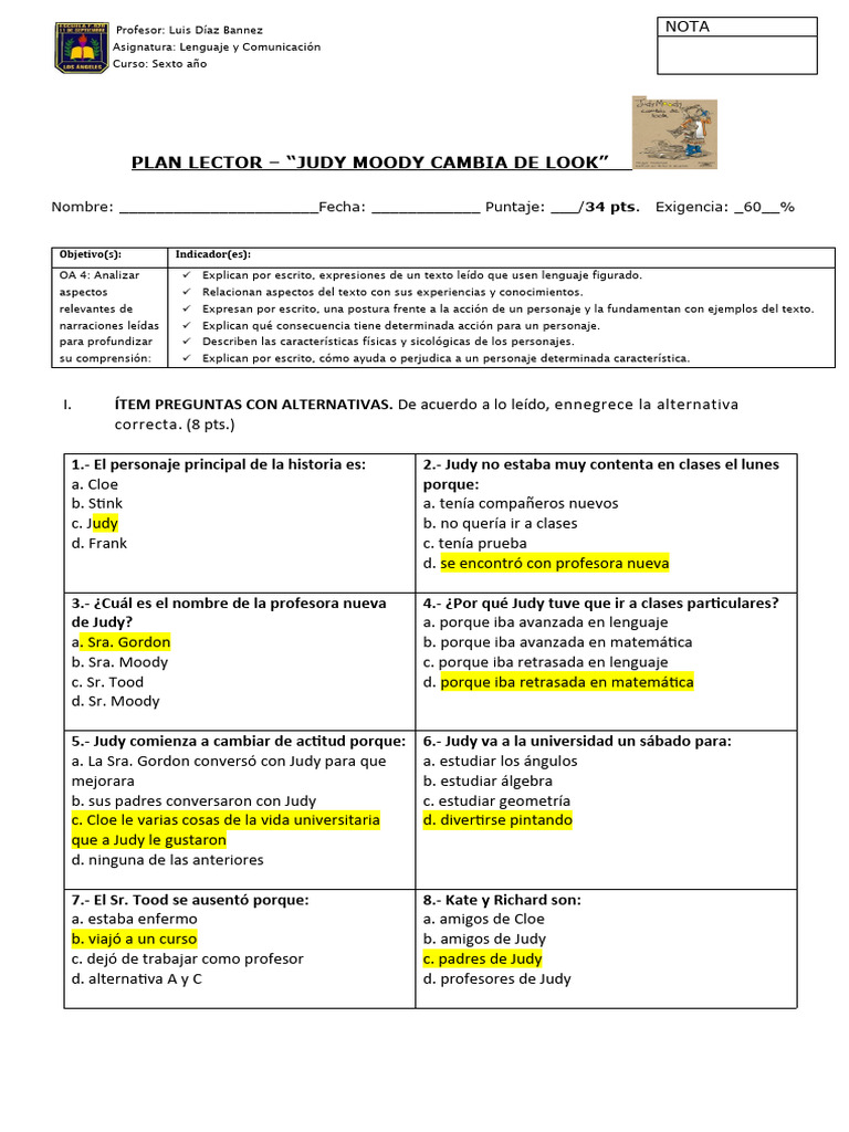 PAUTA 6° Eval. Plan Lector. Judy Moody Cambia de Look | PDF