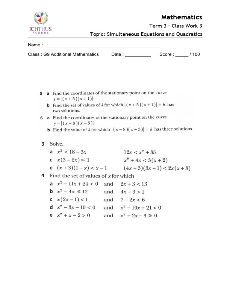 Simultaneous Equations & Quadratics G9 | PDF