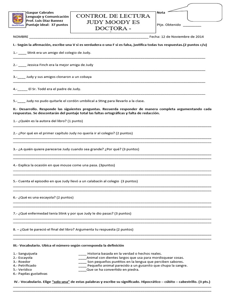 Control de Lectura: Judy Moody | PDF