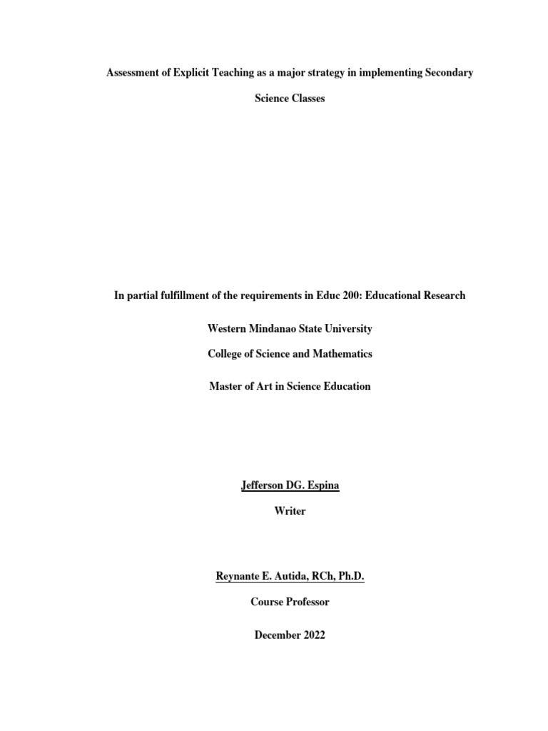 Assessment of Explicit Teaching as a Major Strategy in Implementing Secondary Science Classes ...