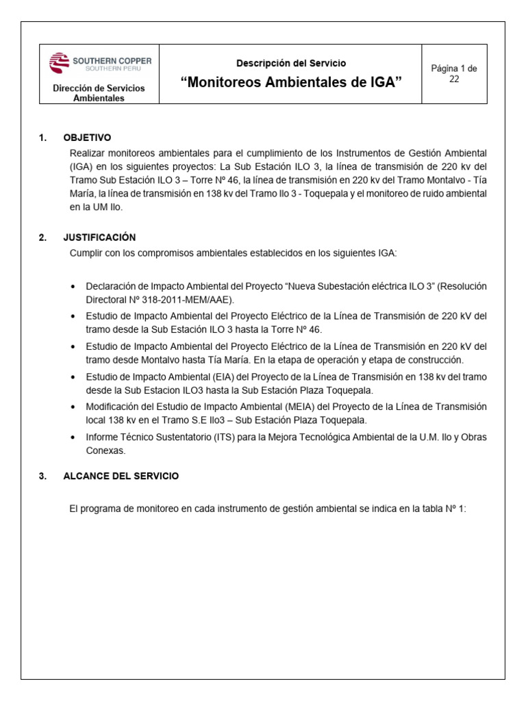 Alcances - Monitoreo Ambiental de IGA | PDF | Transmisión de energía eléctrica | Evaluación de ...