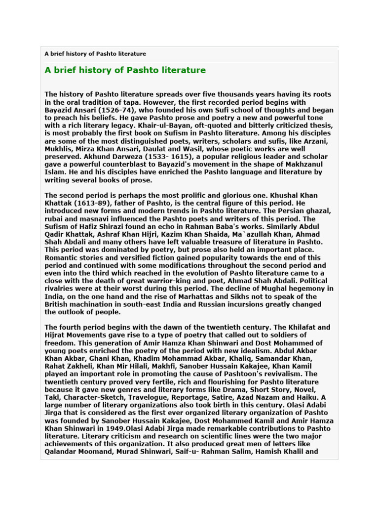 A Brief History of Pashto Literature | PDF | Sufism