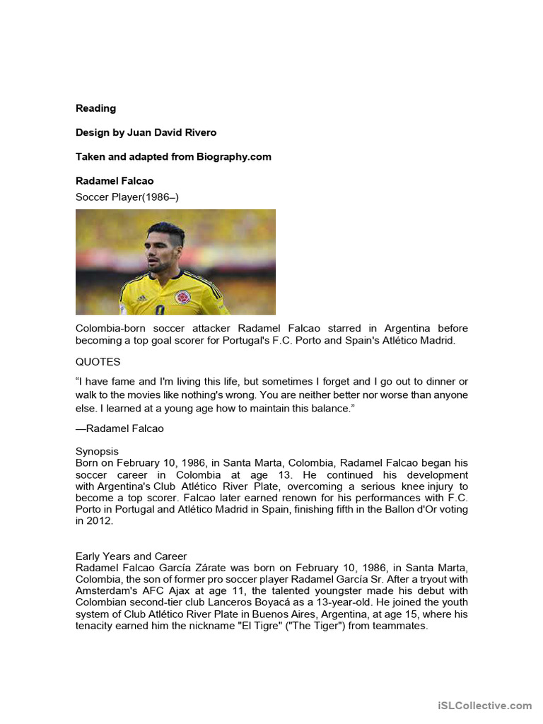 Reading Comprehension Falcao Garcia Soccer Player | PDF | Association ...