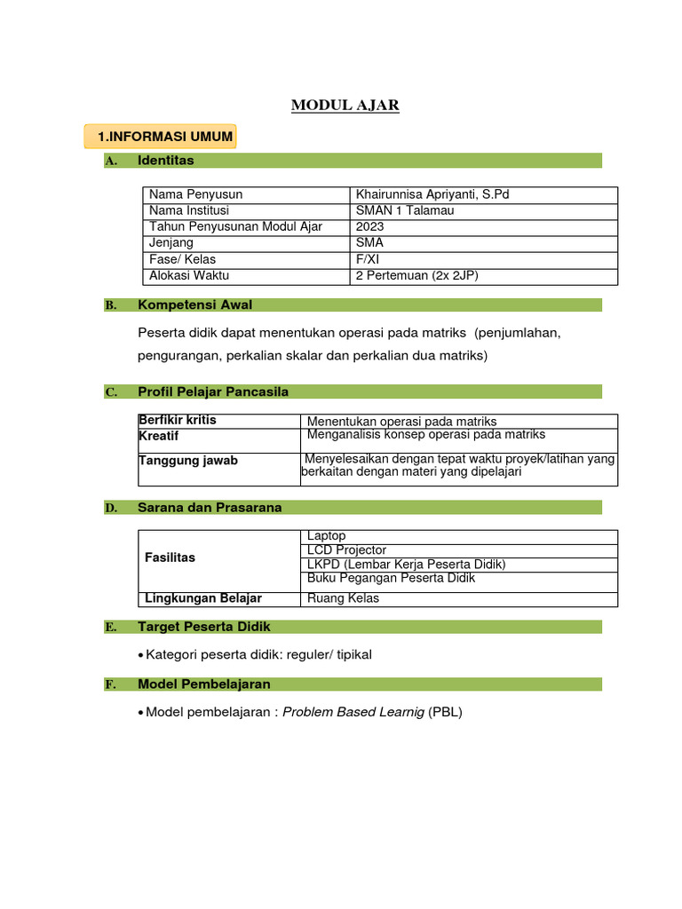 Modul Ajar Matematika Materi Operasi Matriks | PDF