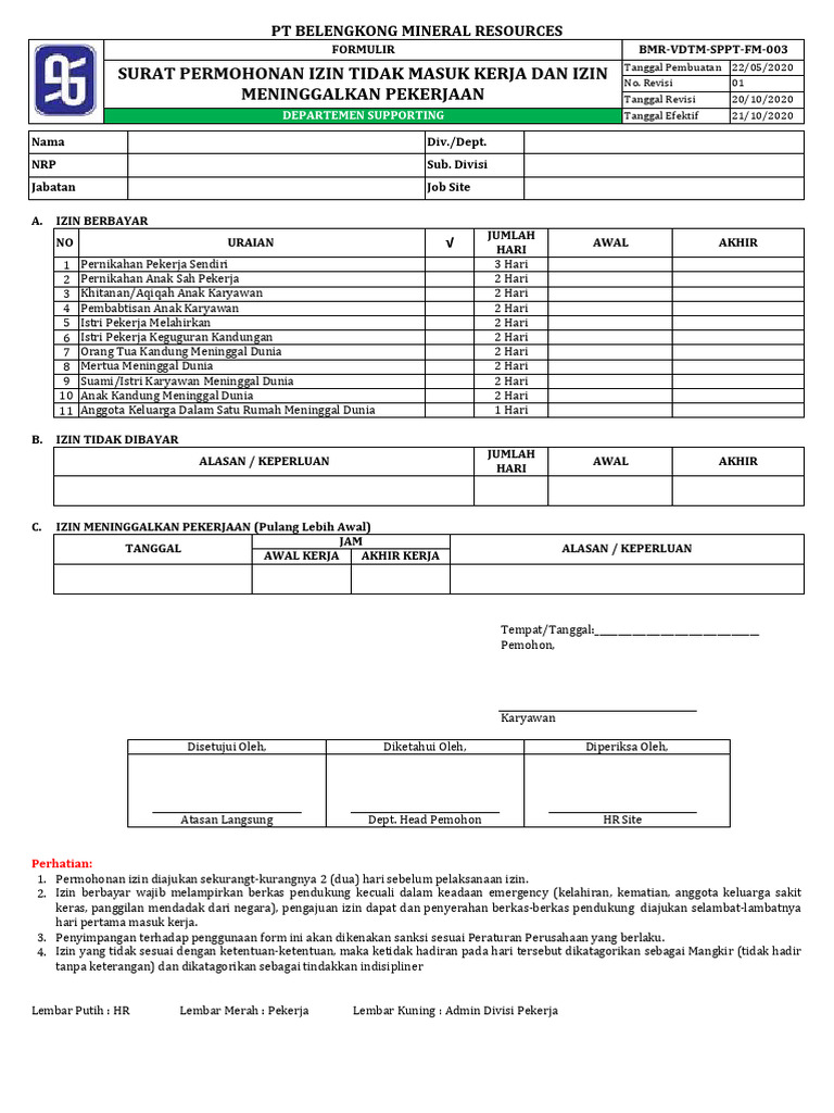 BMR-SPPT-FM-003_REV. 01_SURAT PERMOHONAN IZIN TIDAK MASUK KERJA DAN ...