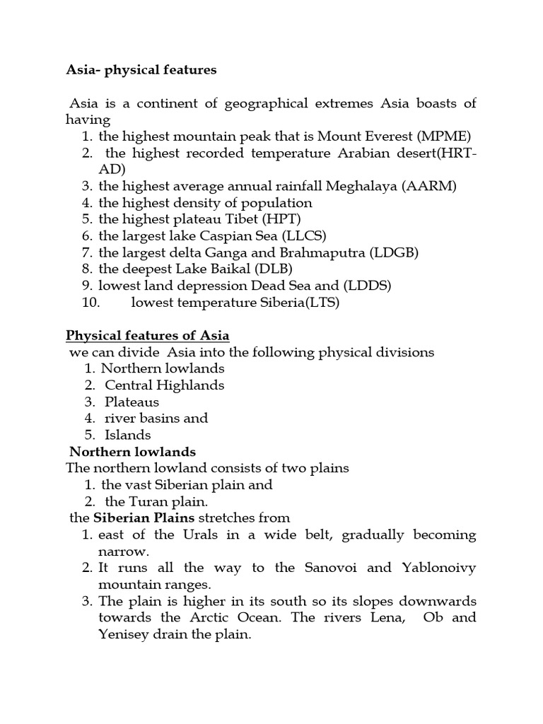 Asia. Physical Features | PDF | Plateau | Siberia