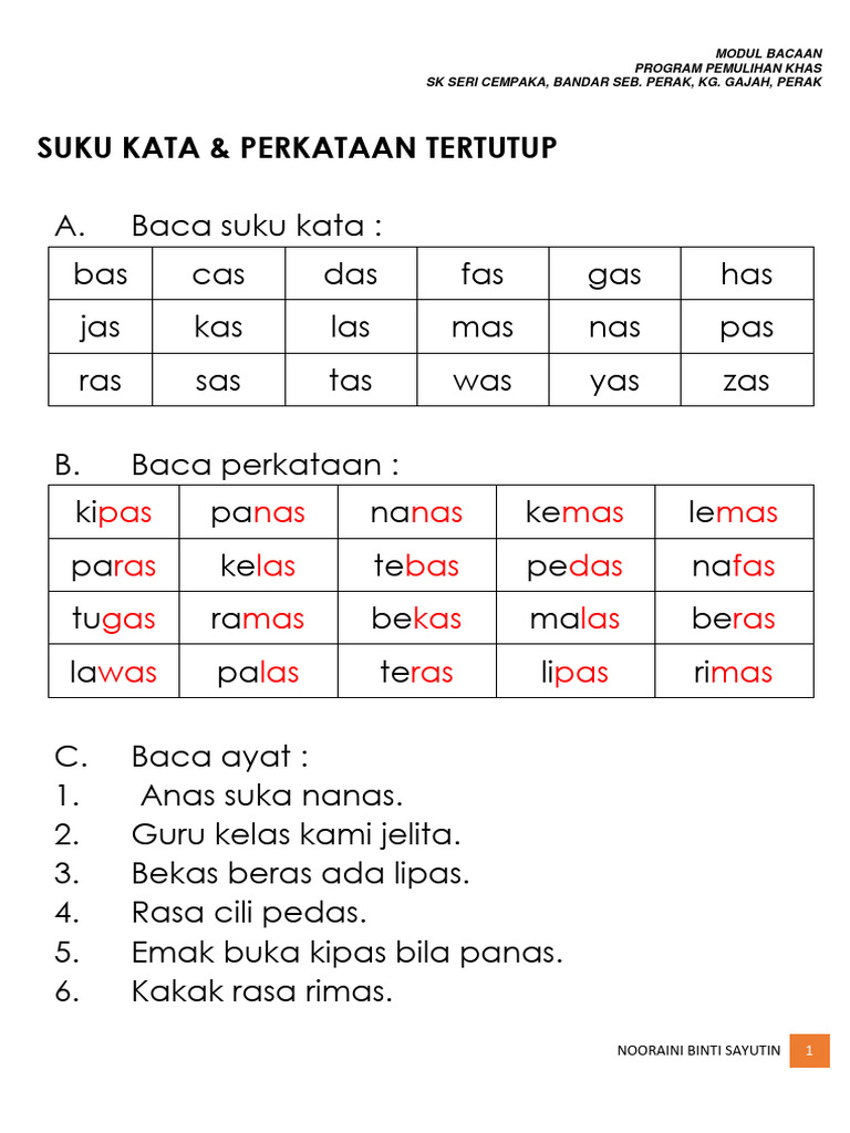 Modul Bacaan Suku Kata Tertutup | PDF