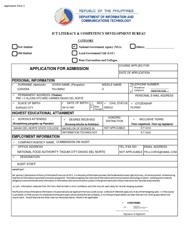 ICT Literacy Admission Form | PDF | Information And Communications ...