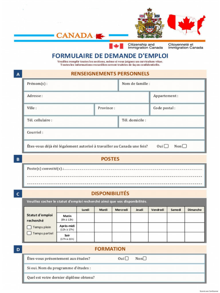 Formulaire de Demande Emploi IRCC CANADA | PDF