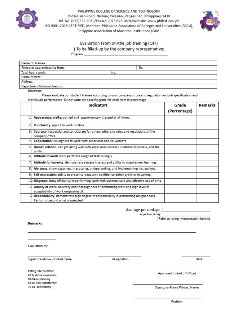 Evaluation Form On Ojt Grading | PDF