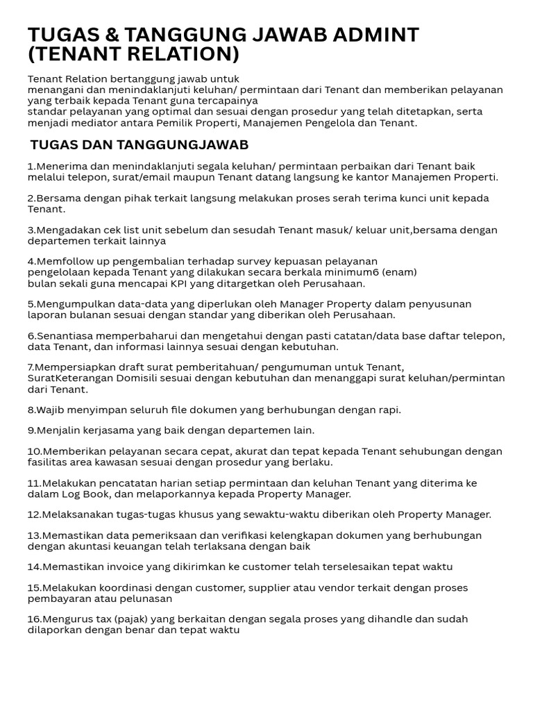 Tugas Tenant Relation Di Apartemen Pdf