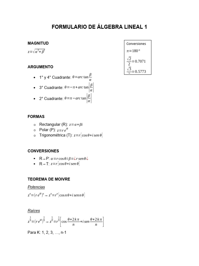 Formulario de Álgebra Lineal 1 | PDF | Aritmética | Objetos matemáticos Formulario de Álgebra Lineal 1 | PDF | Aritmética | Objetos matemáticos