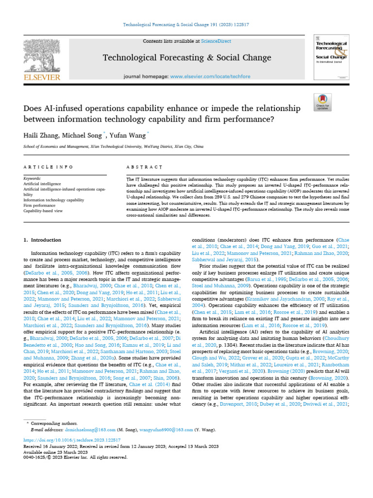 Technological Forecasting & Social Change: Haili Zhang, Michael Song, Yufan Wang | PDF | Survey ...