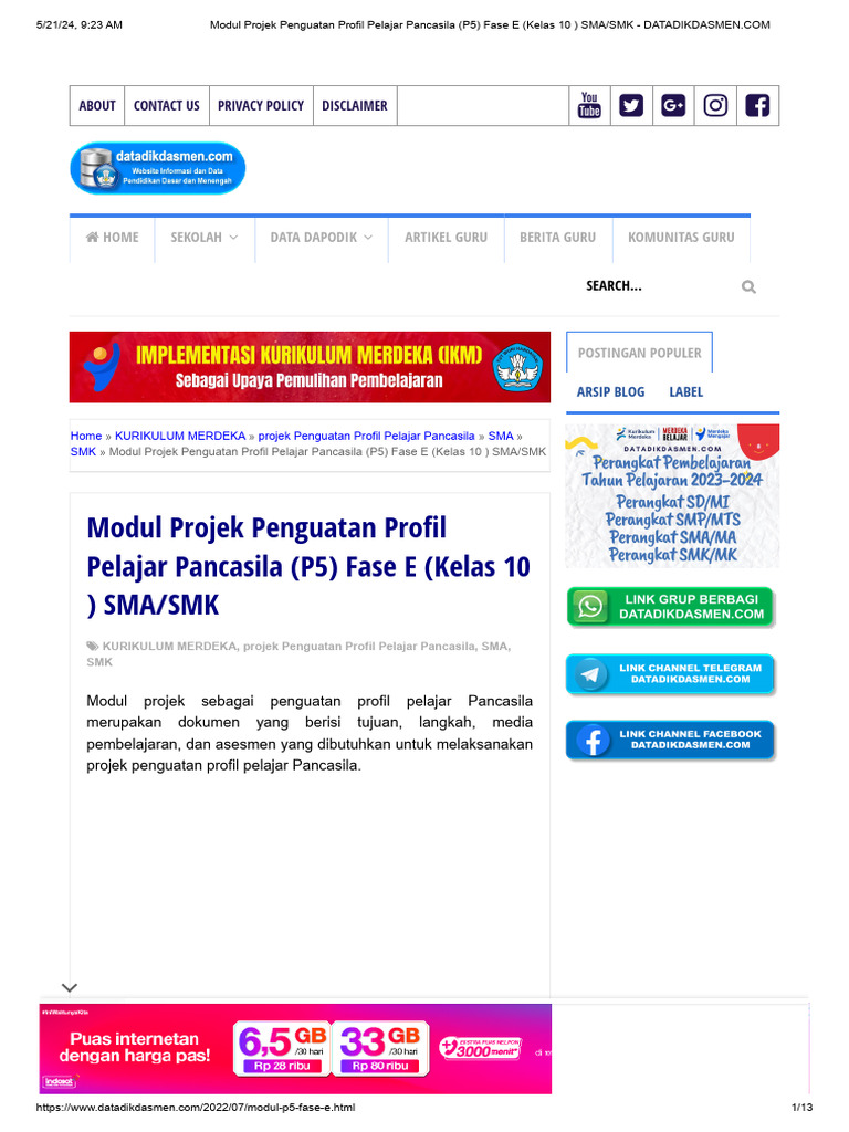 Modul Projek Penguatan Profil Pelajar Pancasila (P5) Fase E (Kelas 10 ...