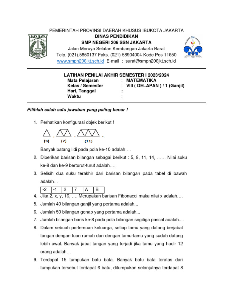 Latihan Soal Penilaian Akhri Semester Matematika 2023 - 2024 | PDF