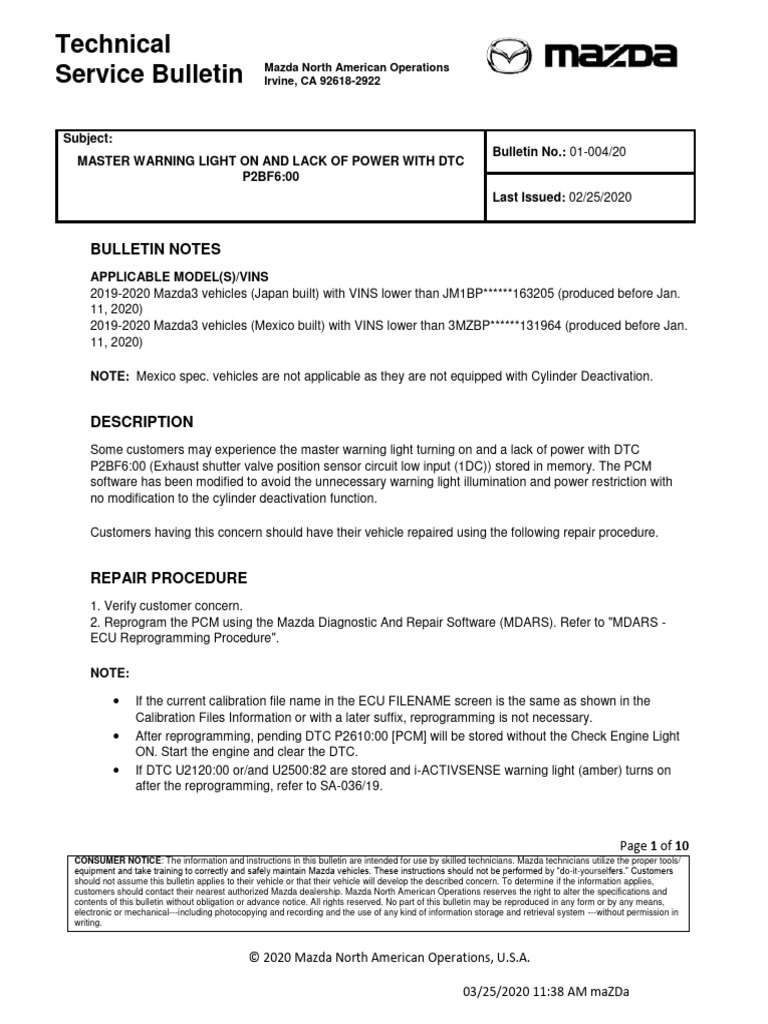 01-004-20 Master Warning Light On and Lack of Power With DTC P2BF6-00 ...