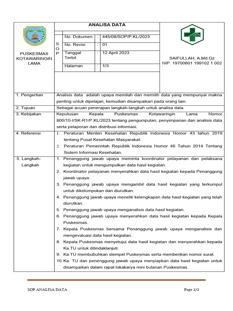 SOP Analisis Data Puskesmas Kotawaringin | PDF