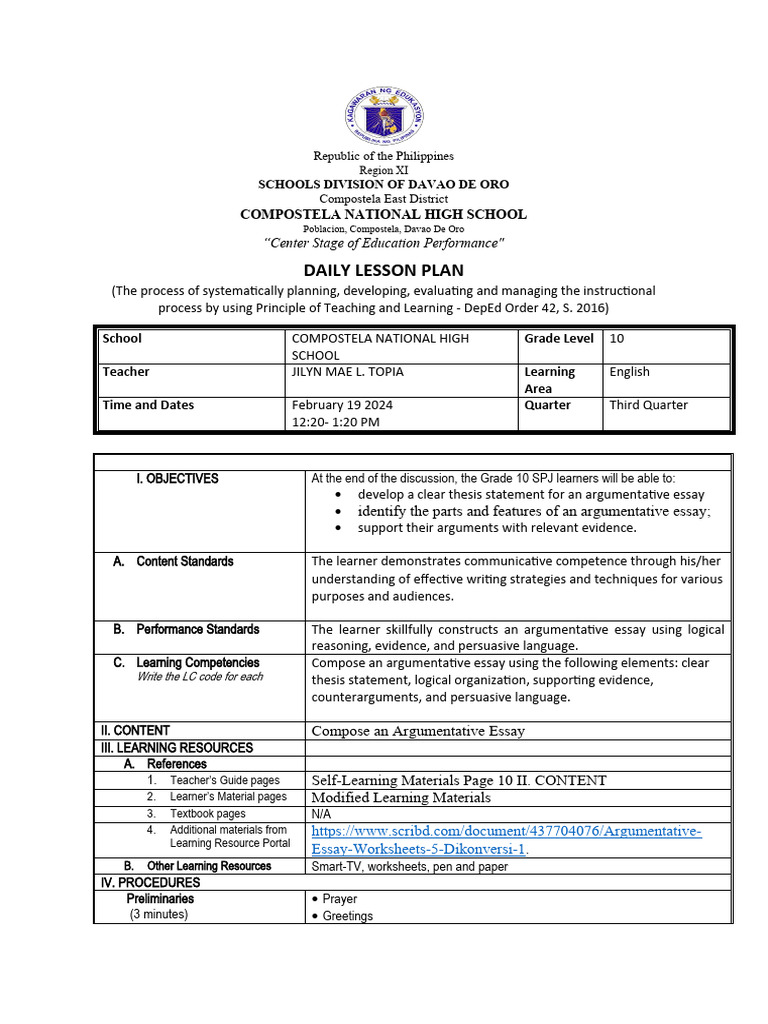 JILYN-DLP - DAY 1 Argumentative | PDF | Essays | Reason