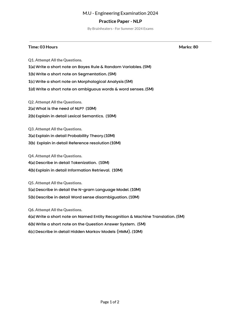 NLP Practice Paper for Engineering 2024 | PDF | Linguistics | Cognitive ...