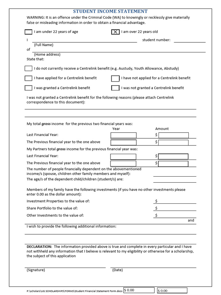 Student Financial Statement Form | PDF | Business