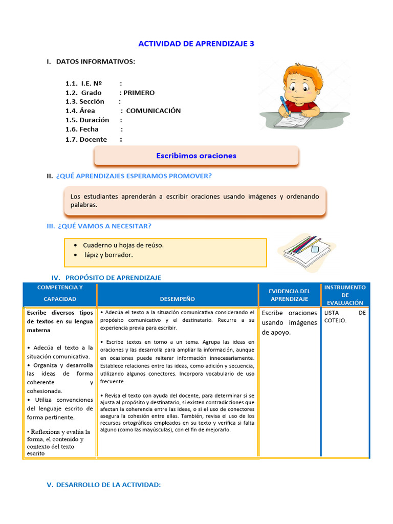 D3 A3 SESION COM. Escribimos Oraciones | PDF | Evaluación | Aprendizaje