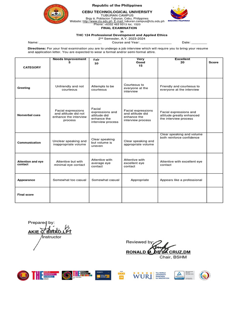 FINAL EXAMINATION Rubrics For Interview | PDF | Psychological Concepts | Communication
