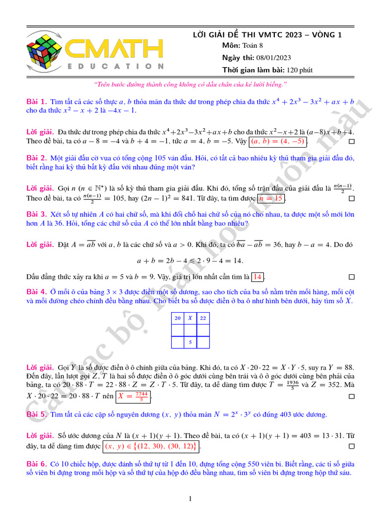 Loi Giai VMTC 8 2023 Round 1 | PDF