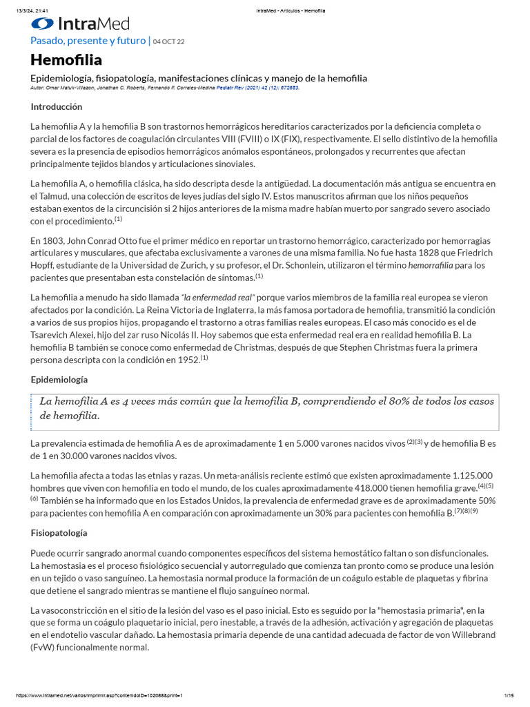 IntraMed - Artículos - Hemofilia | PDF | Hemofilia | Coagulación