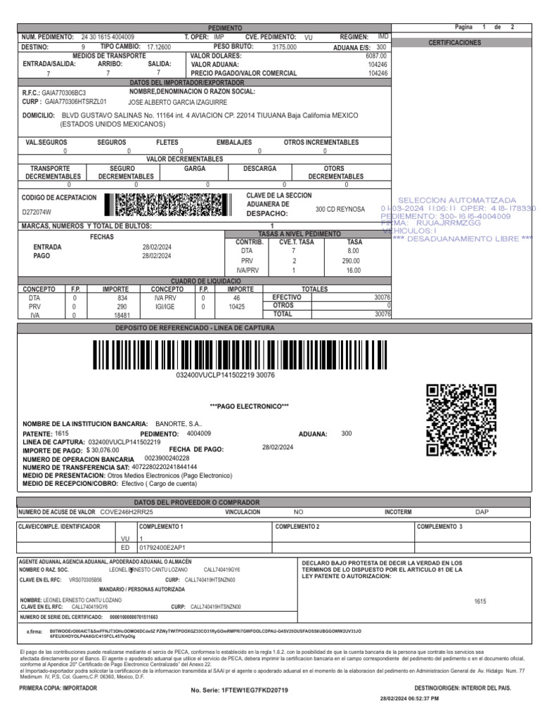 Pedimento 28-02-2024 CD Reynosa 300 | PDF | Industrias de servicio | Pagos